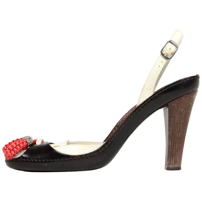 Celine Black/White Leather Slingback Heeled Shoes W/ Red Tassel Sz 40 ...