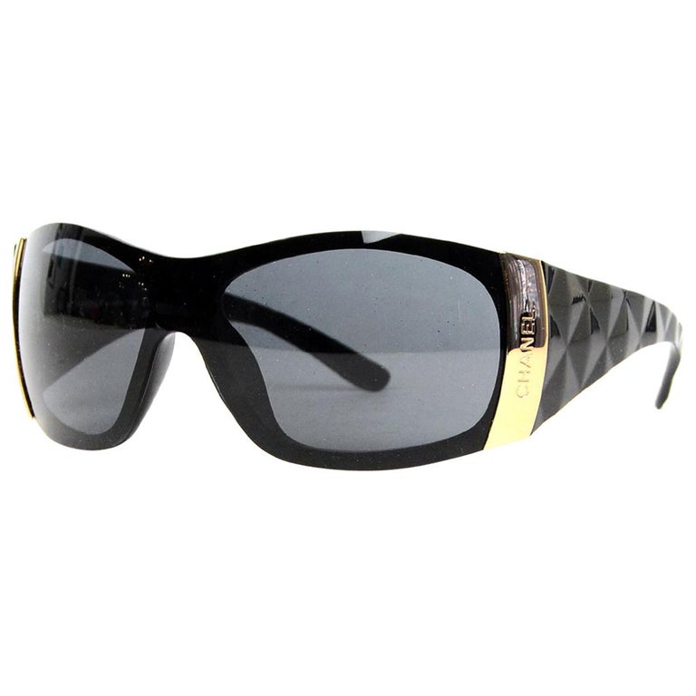 Chanel Black Rimless Aviator/Shield Style Sunglasses W/ Quilted Arms ...