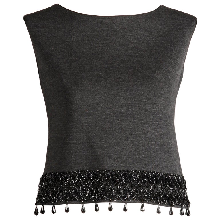 1960s Vintage Gray Wool Sleeveless Shell or Tank Top with Black Sequins ...