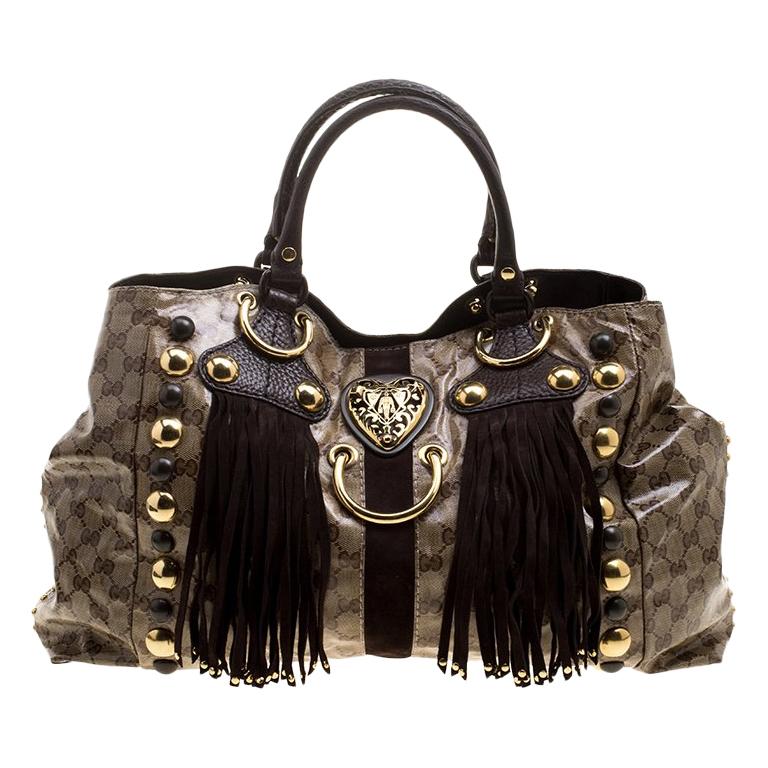 Gucci Beige/Ebony GG Crystal Canvas Large Babouska Heart Tote For Sale ...