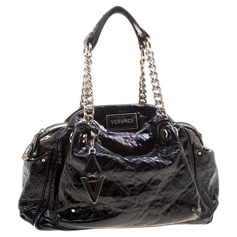 Versace Holographic Black Textured Patent Leather Satchel For Sale at ...