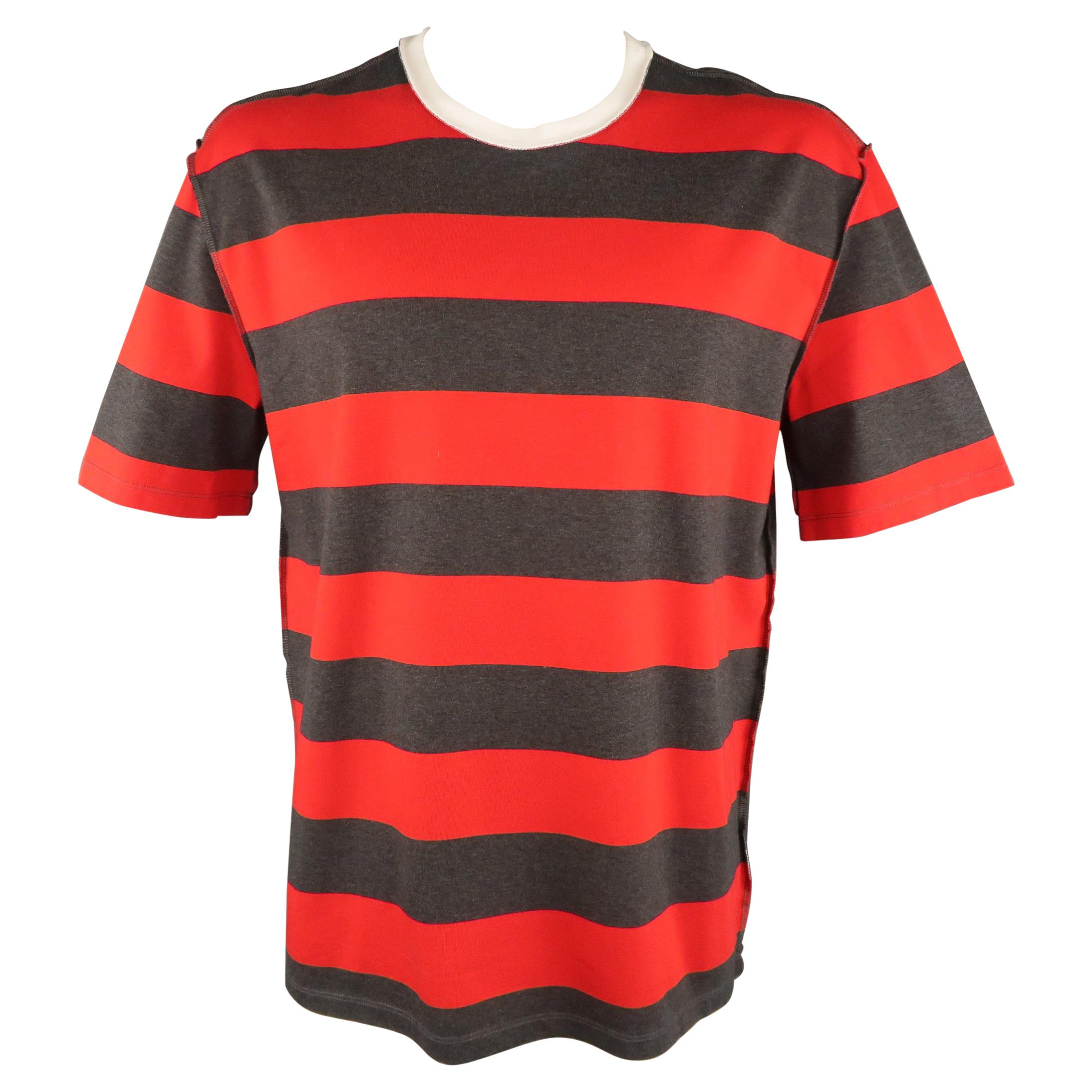 MAISON MARGIELA Size XL Red and Grey Stripe Cotton Reverse Seam Crew ...