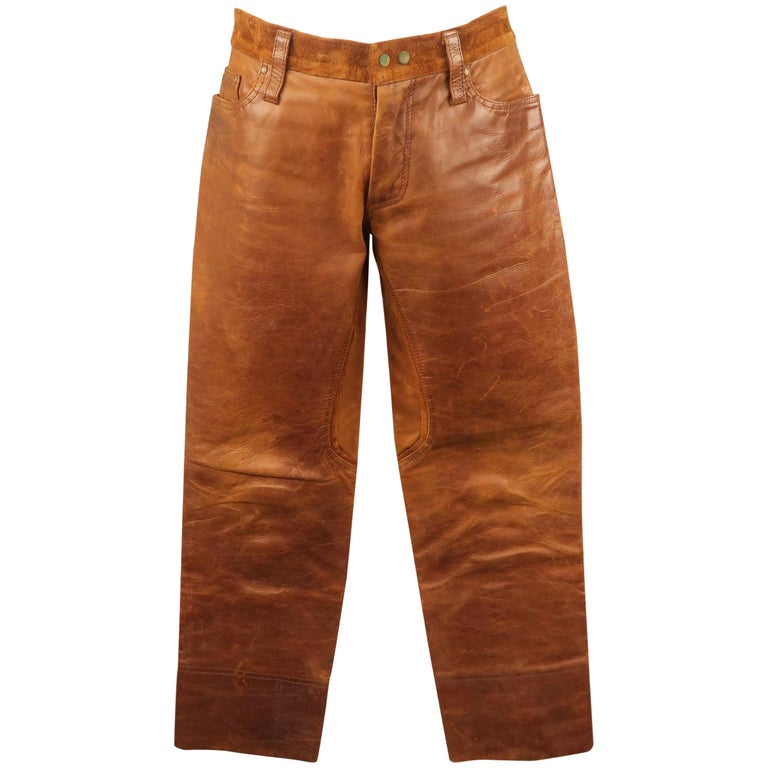 DSQUARED2 Size 30 Tan Distressed Leather and Suede Biker Pants at ...