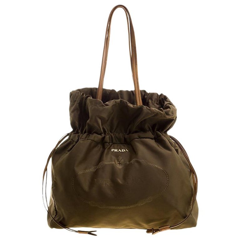 Prada Khaki Nylon Drawstring Tote For Sale at 1stDibs