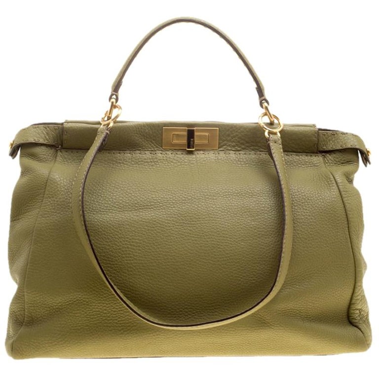 Fendi Green Selleria Leather Large Peekaboo Top Handle Bag For Sale At