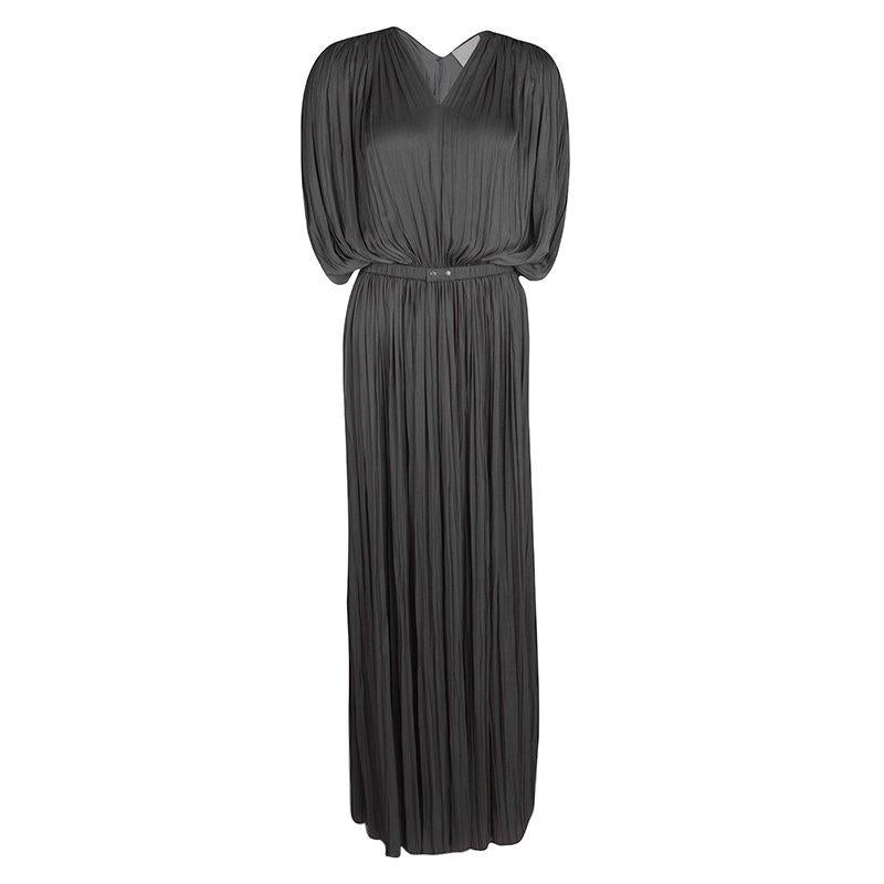 Lanvin Grey Draped Plisse Gathered Belted Maxi Dress S For Sale at 1stDibs