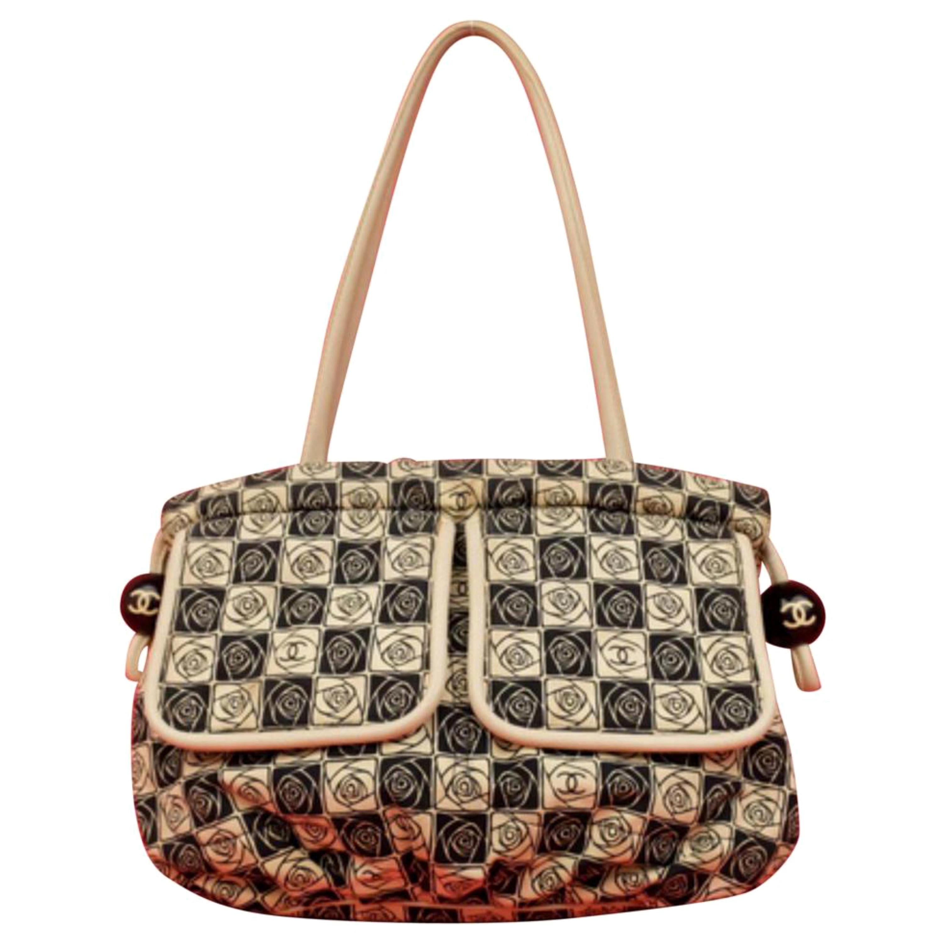 Chanel Floral Pattern 228703 Black Canvas Shoulder Bag For Sale at 1stDibs