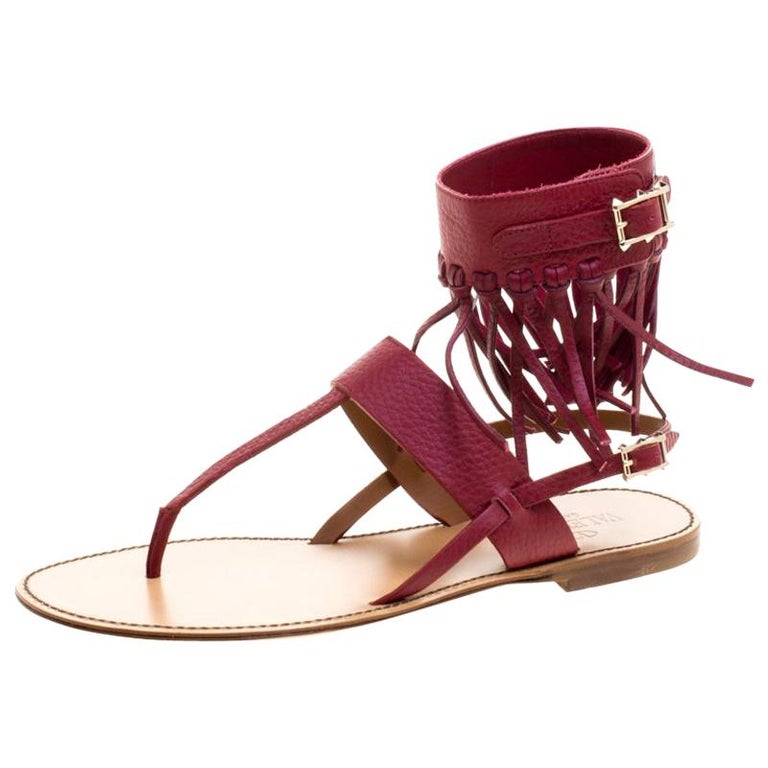 Valentino Burgundy Leather Fringe Detail Ankle Wrap Flat Sandals Size ...