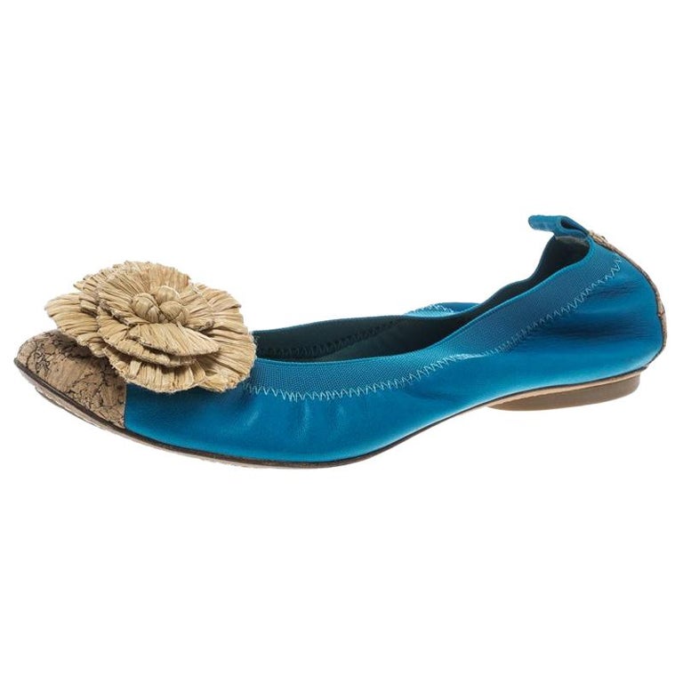 Chanel Turquoise Leather Cork Cap Toe and Raffia Camelia Ballet Flats ...