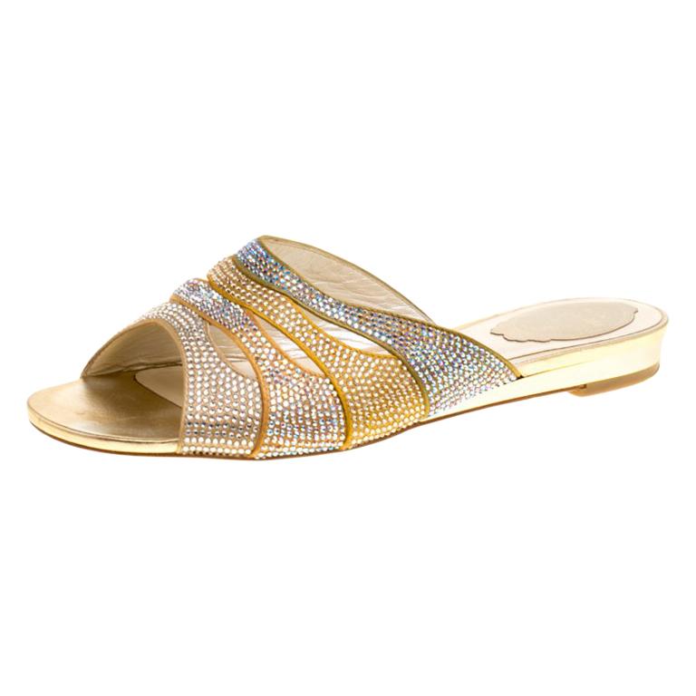 René Caovilla Multicolor Crystal Embellished Satin Slides Size 37.5 For ...