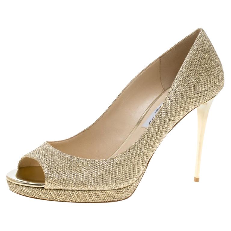 Jimmy Choo Metallic Gold Lamè Glitter Fabric Luna Peep Toe Platform ...