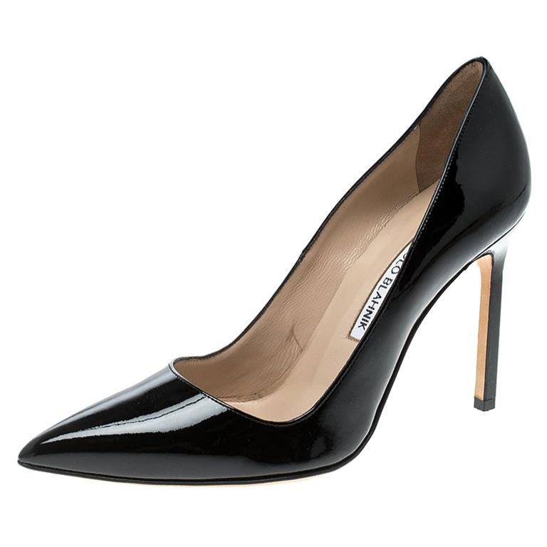 Manolo Blahnik Black Patent Leather BB Pointed Toe Pumps Size 36 For Sale at 1stDibs