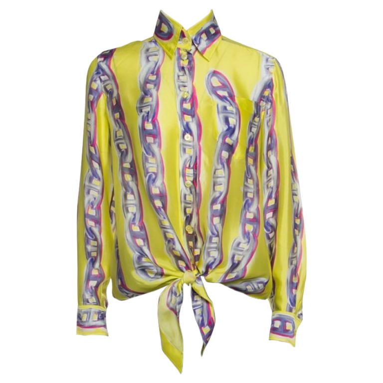Hermes Yellow Silk Chain Printed Front Tie Long Sleeve Shirt S For Sale ...