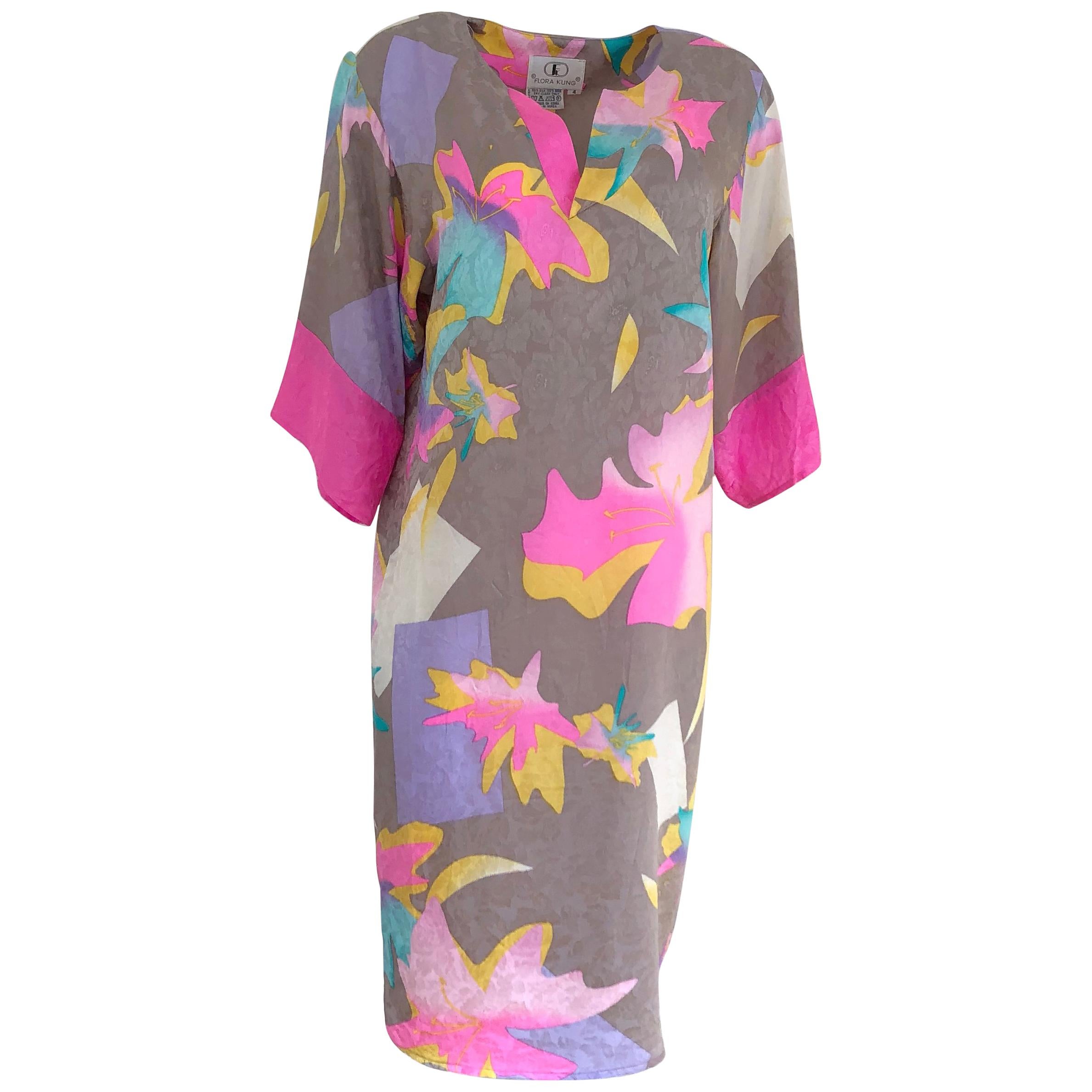 New silk kimono dress by FLORA KUNG in pearl gray with printed neon ...