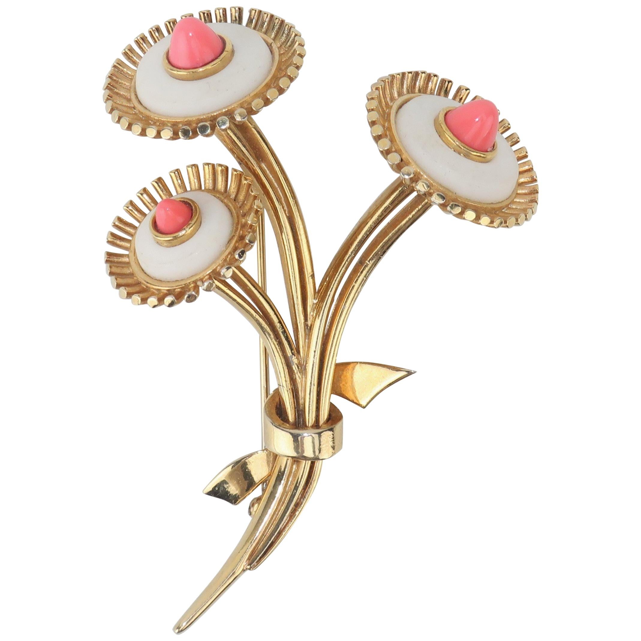 1950's Marcel Boucher Gold Tone Coral Flower Brooch at 1stDibs