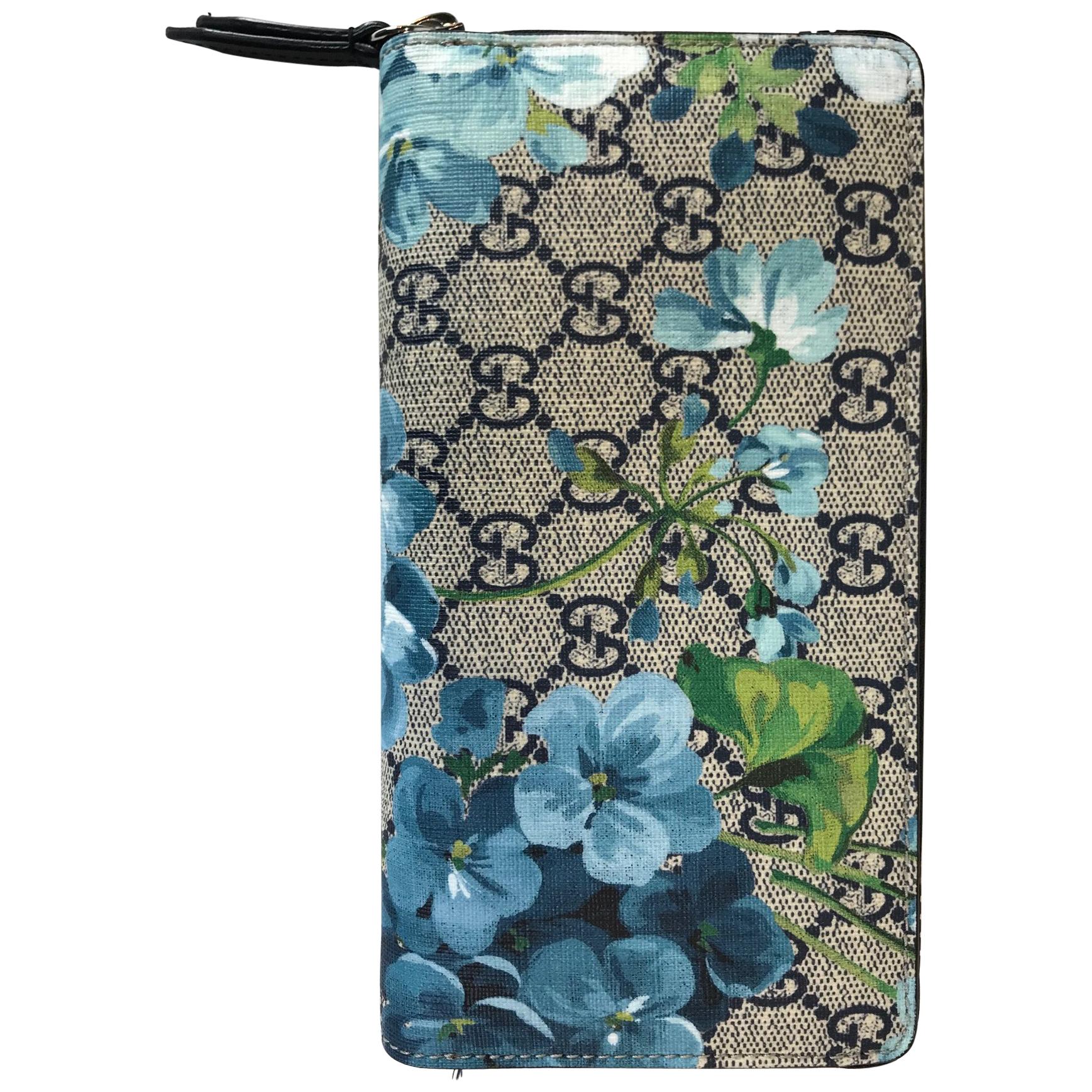 Gucci Zip Around Organizer Wallet Blooms Print Gg Coated Blue For Sale ...