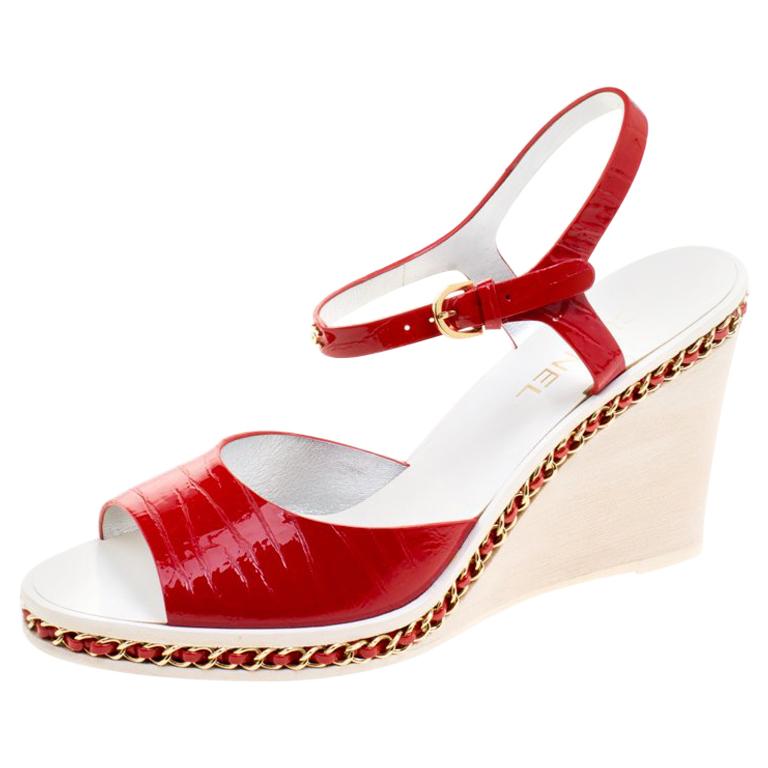 Chanel Red Patent Leather Chain Detail Ankle Strap Wedge Sandals Size ...