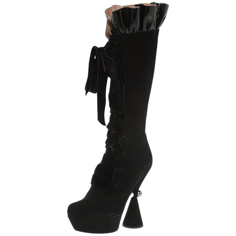 Louis Vuitton Suede and Patent Ruffle Cancan Velvet Lace Up Knee Boots ...
