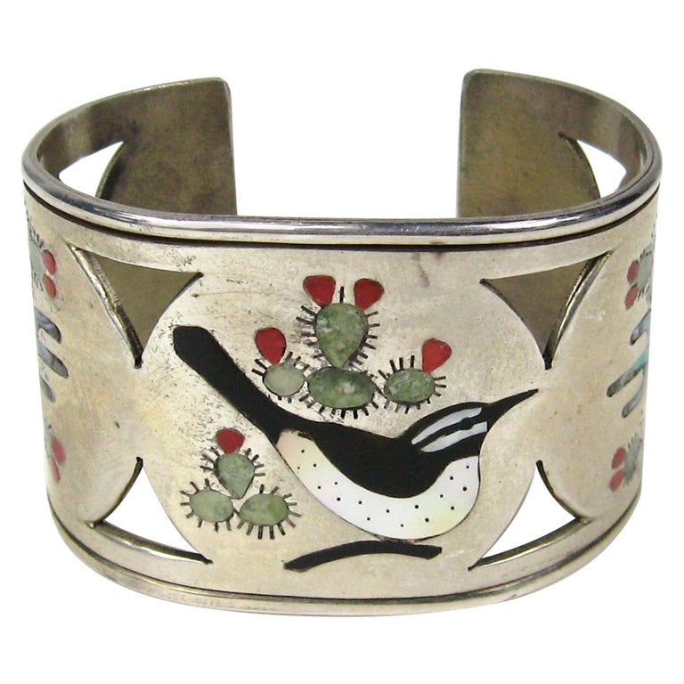 Sterling Silver ZUNI Cuff Bird Cactus Coral Mother of pearl Bracelet at ...