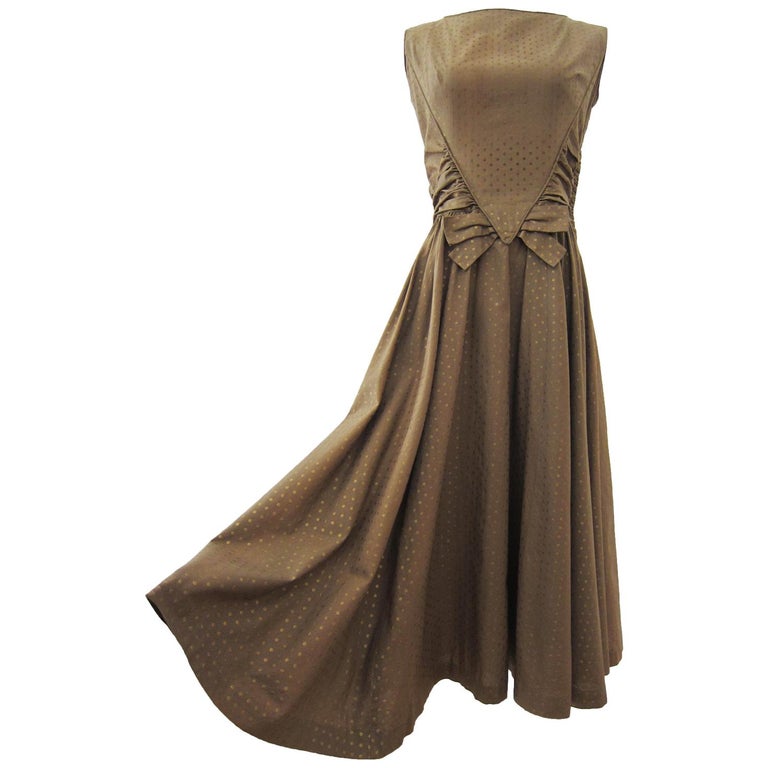 Ann Marsh NY Beige Golden Polka Dots Dress 1950s For Sale at 1stDibs