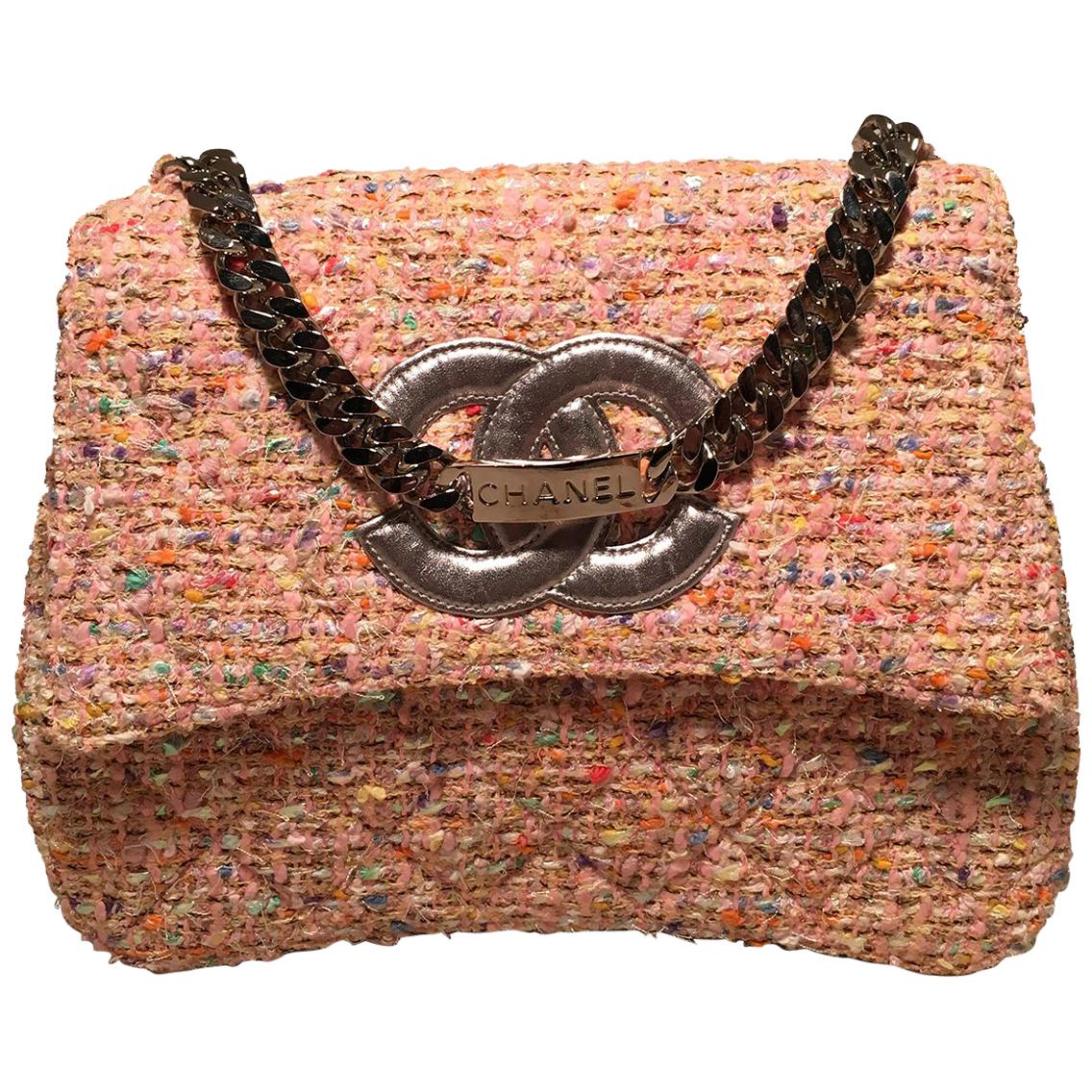 Chanel Vintage Pink Peach Woven Boucle Tweed Classic Flap Handbag For ...