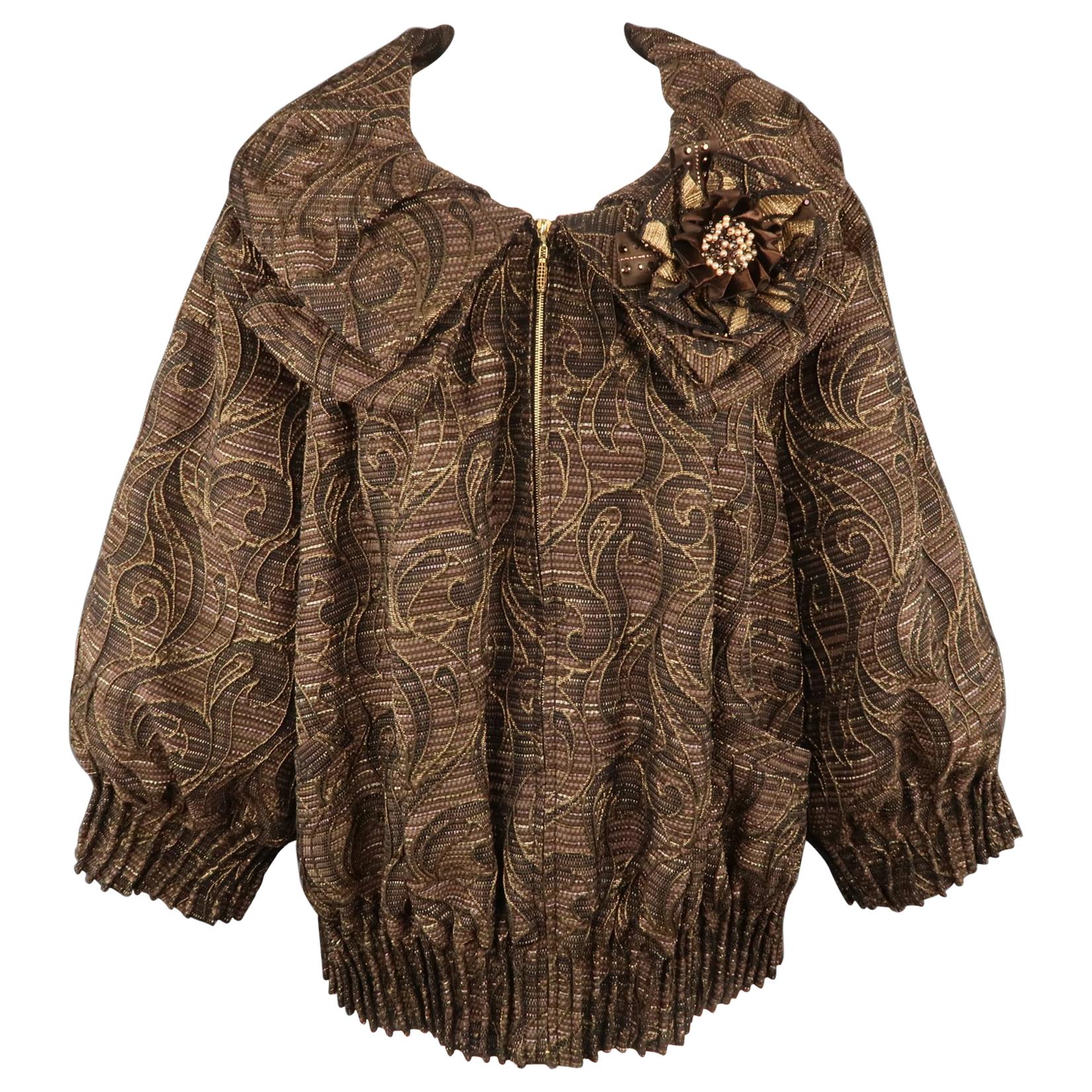 ST. JOHN COUTURE Size XL Brown Jacqard Flower Collar Balloon Sleeve ...