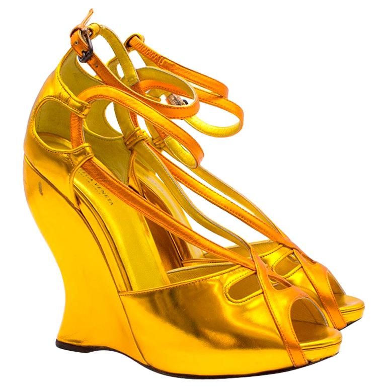 Bottega Veneta Gold Metallic Strappy Wedges US 9.5 For Sale at 1stDibs
