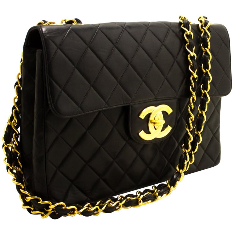 CHANEL Jumbo 11" Large Chain Shoulder Bag Flap Lambskin Black at 1stDibs
