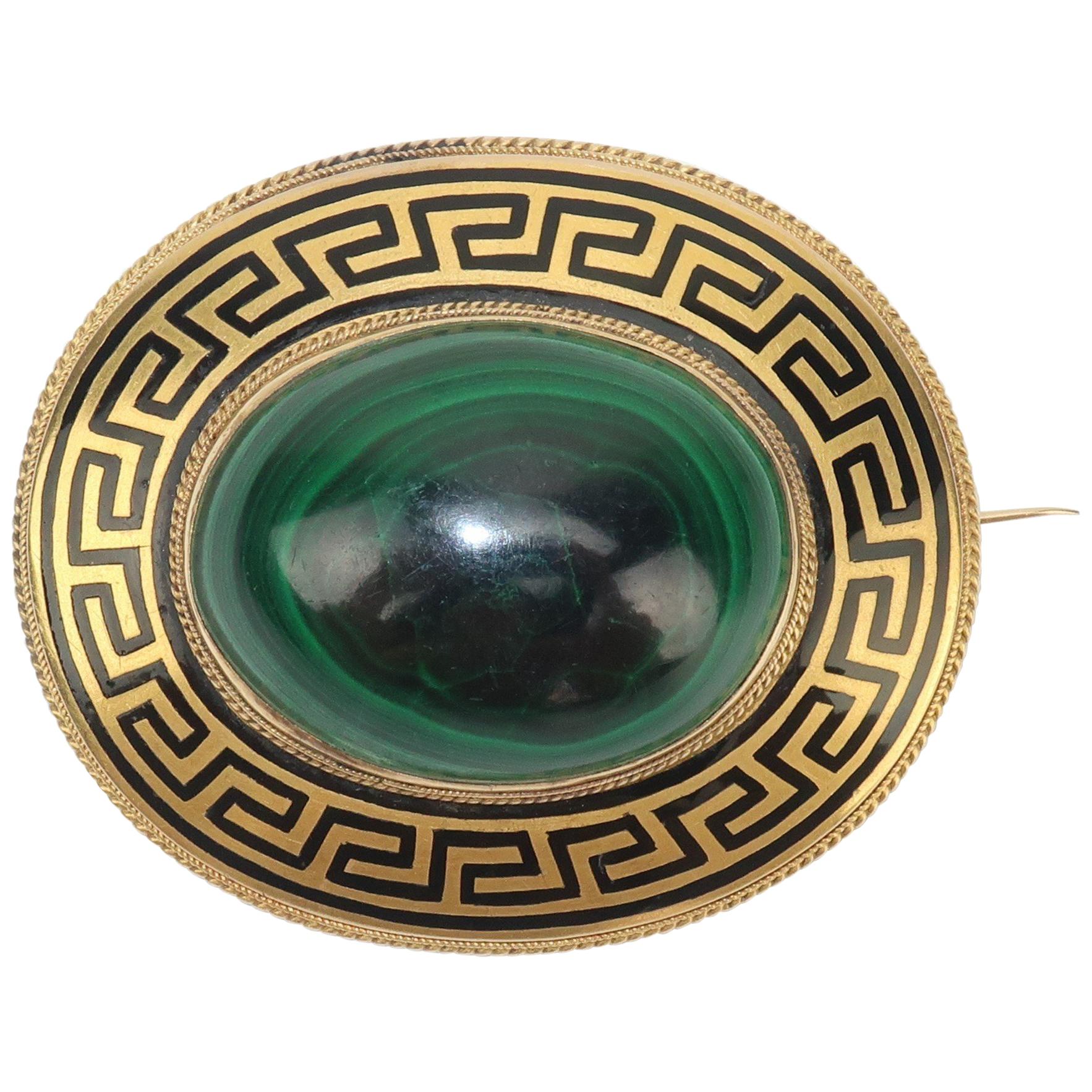 Victorian Malachite and Gold Brooch With Black Greek Key Enamel For ...