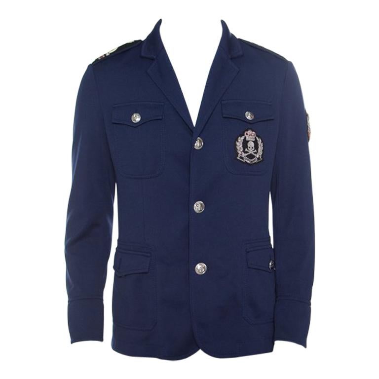 Philipp Plein Navy Blue Embellished Crest and Epaulette Detail Jacket L ...