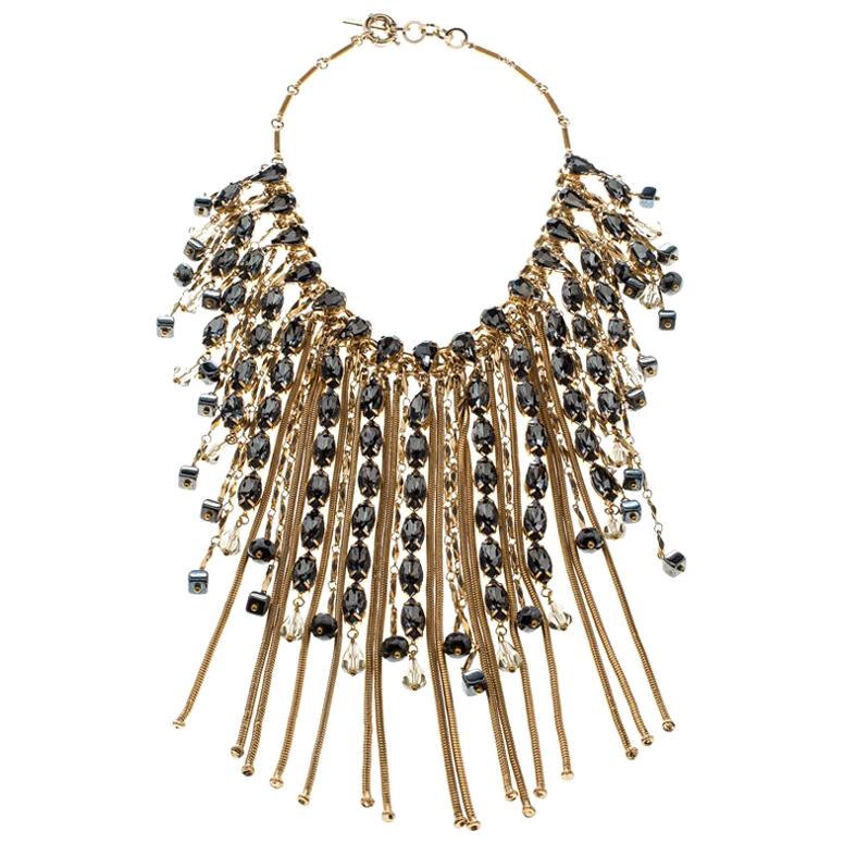 Etro Crystal Studded Gold Tone Tassel Drop Statement Necklace For Sale ...