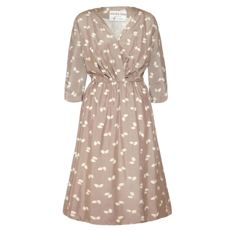 Frederick Starke 1950s Grey Leaf Print Silk Dress For Sale at 1stDibs