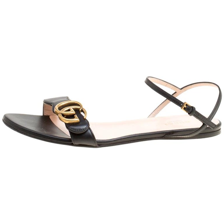 Gucci Black Leather Marmont Double G Flat Ankle Strap Sandals Size 38 ...