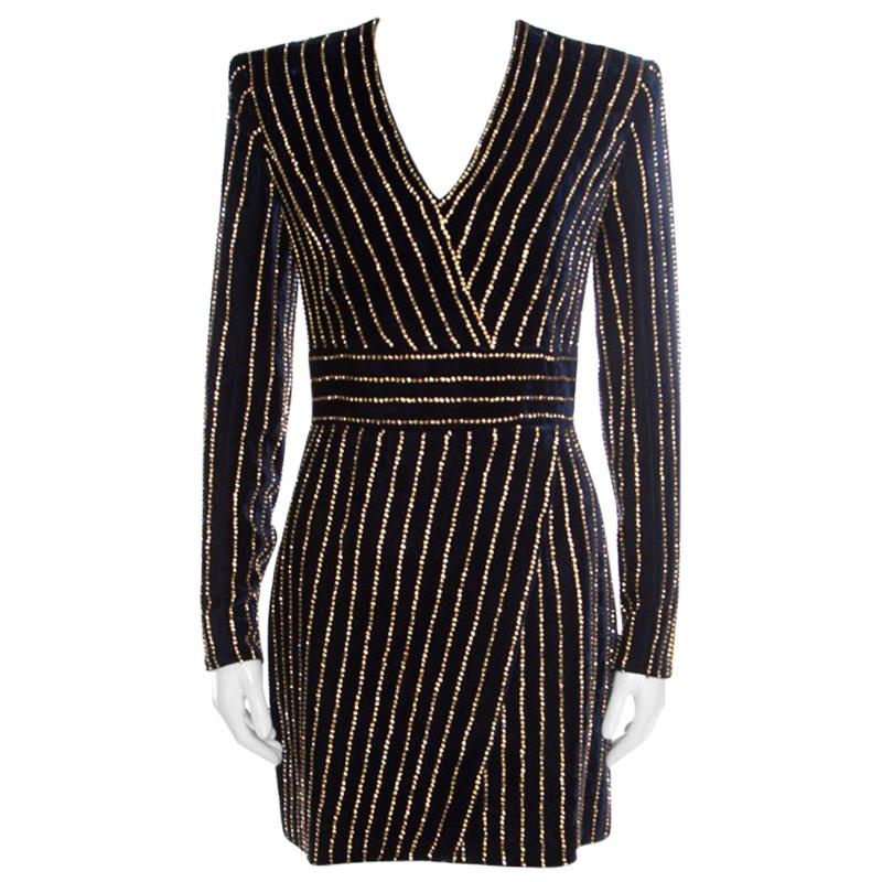 Balmain Navy Blue Velvet Crystal Embellished Long Sleeve Mini Dress M ...