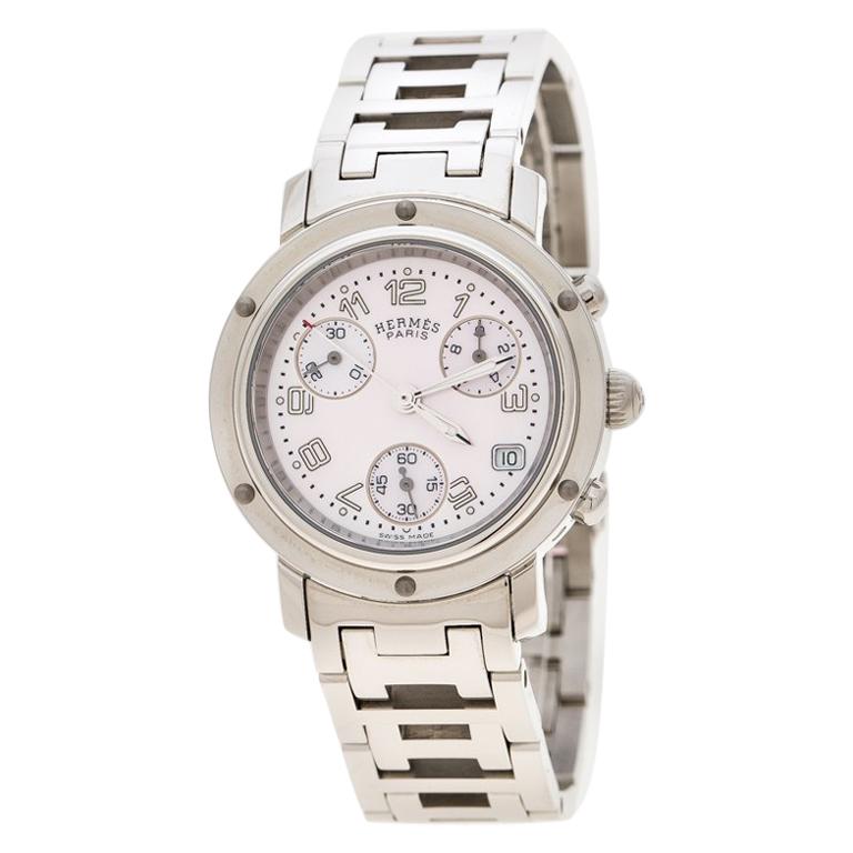 Hermes Pink Mother of Pearl Clipper Chronograph CL1.310 Women's Wristwatch 31 mm at 1stDibs