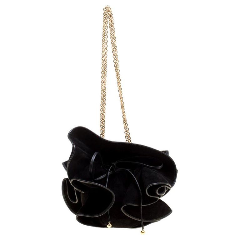 Nina Ricci Black Suede Mini Lily Ruched Ruffle Chain Shoulder Bag For ...