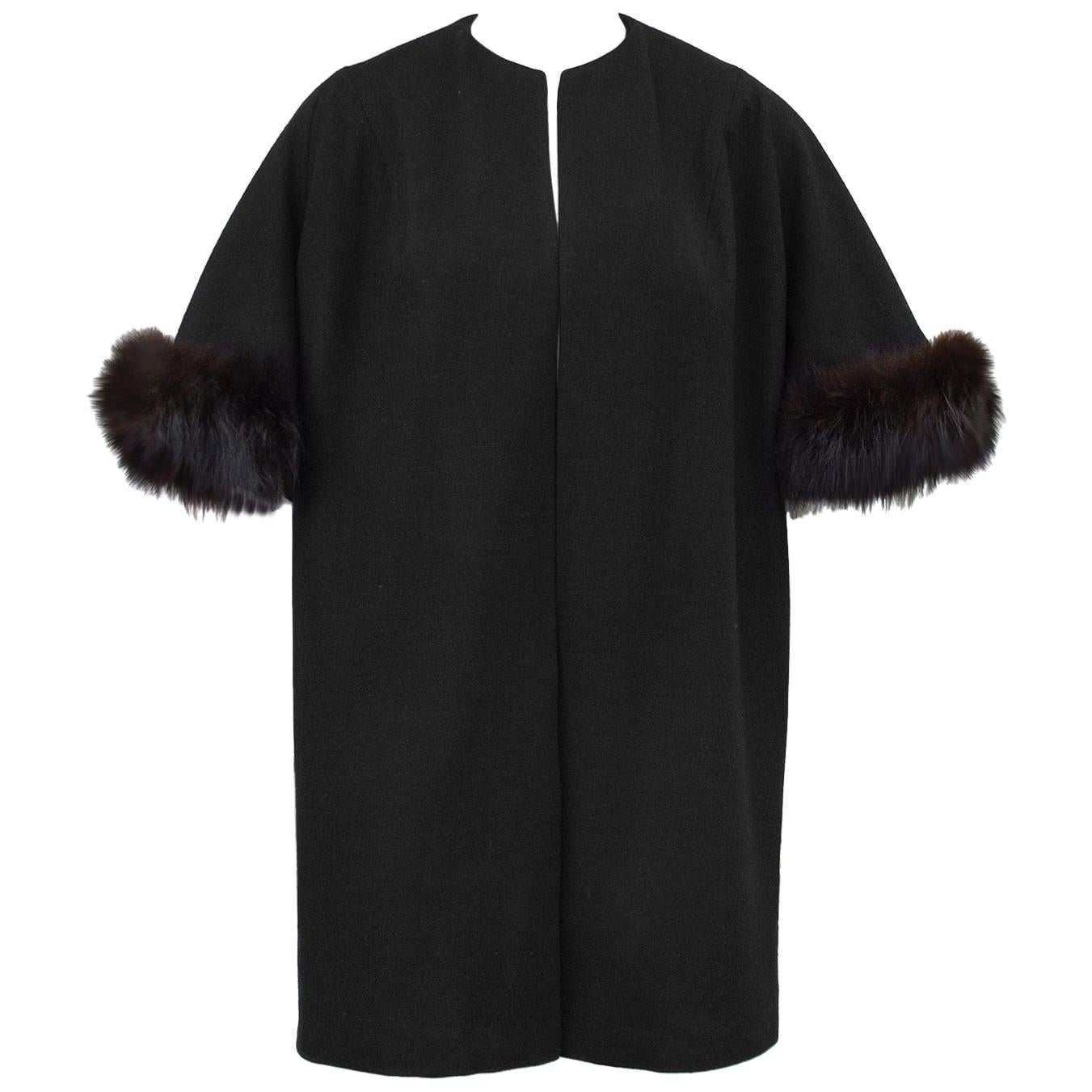 1950s Black Mini Opera Coat with Fur Trim at 1stDibs