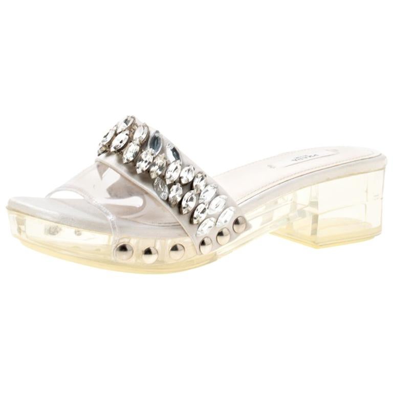 Prada Grey Satin And PVC Crystal Embellished Platform Slides Size 36 ...