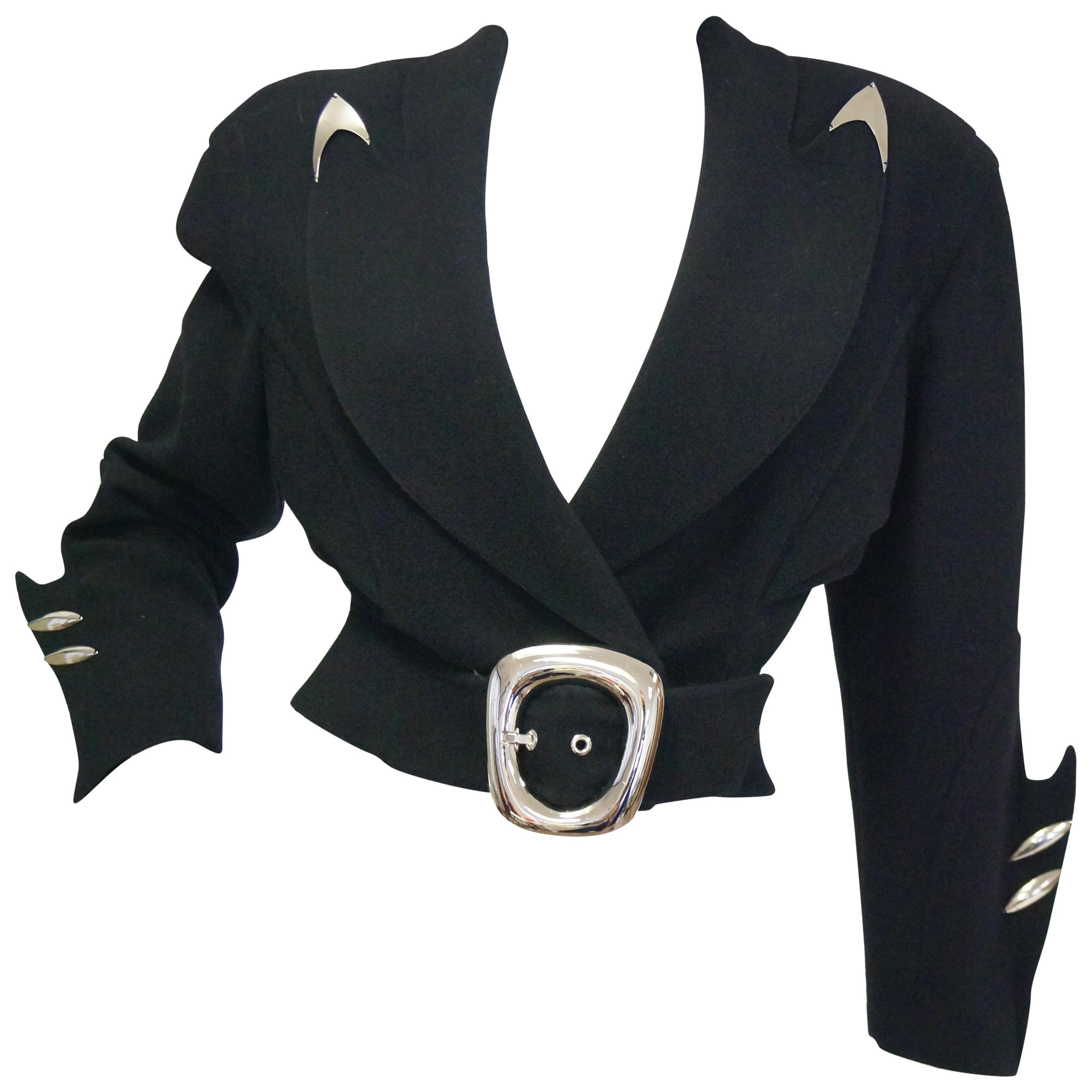 1980s Thierry Mugler Futuristic Black Wool Metal Fin Accent Jacket at ...
