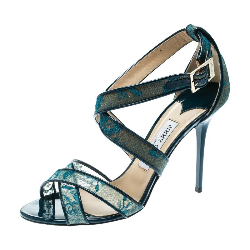 Jimmy Choo Blue Lace and Patent Leather Lottie Strappy Sandals Size 40 ...