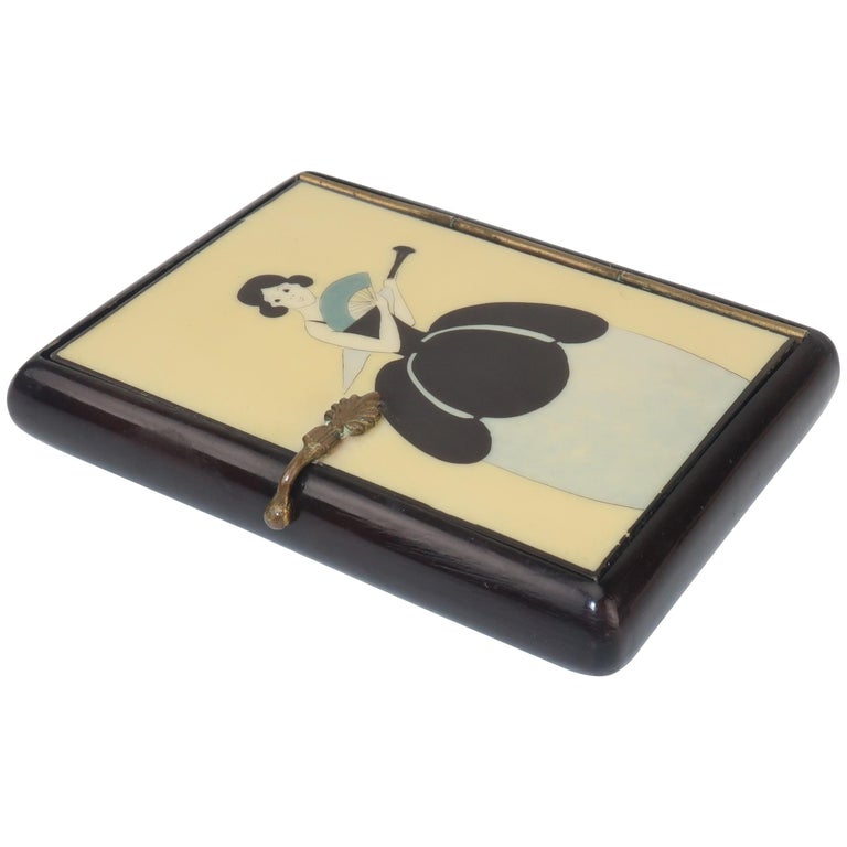 Vintage Art Deco Small Lacquered Wood Box With Stylized Lady at 1stDibs