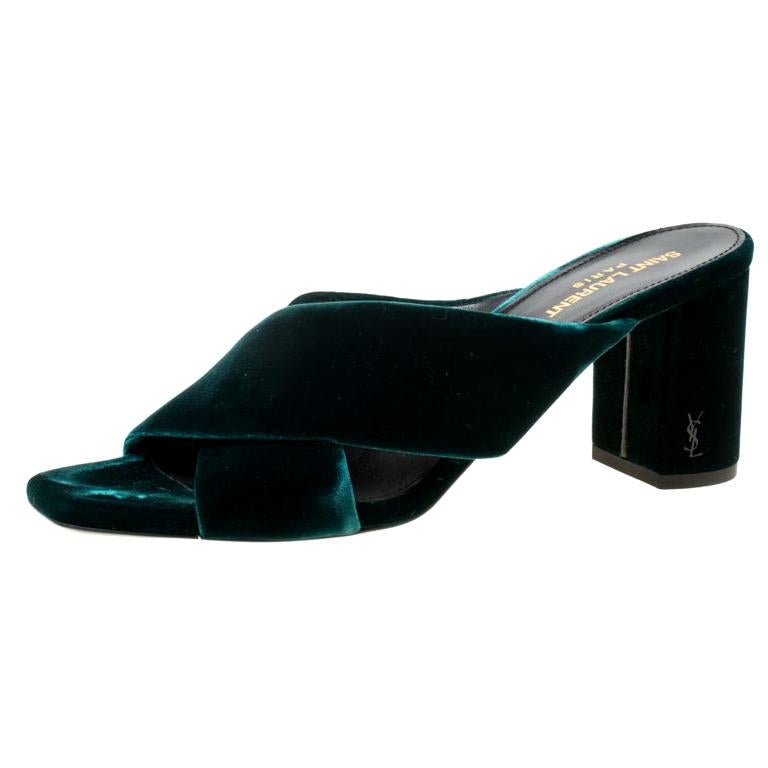 Saint Laurent Paris Emerald Green Velvet Loulou Criss Cross Mules Size ...