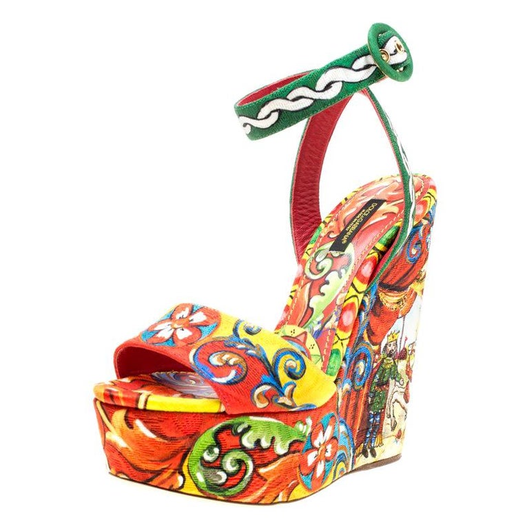 Dolce And Gabbana Multicolor Printed Brocade Ankle Wrap Wedge Sandals