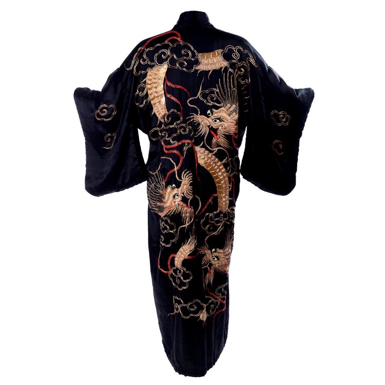 Vintage Black Silk Kimono W/ Gold Metallic Chinese Dragons Clouds and ...
