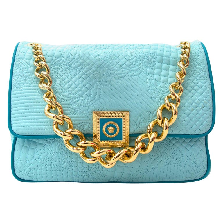 Versace Turquoise Quilted Leather "Vanitas" Flap Chain Shoulder Bag at ...