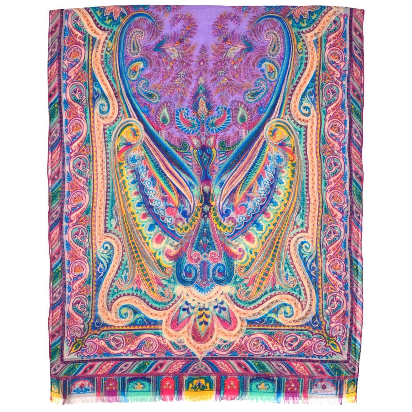 Etro Multi-Color Cashmere Paisley Print Sheer Scarf at 1stDibs