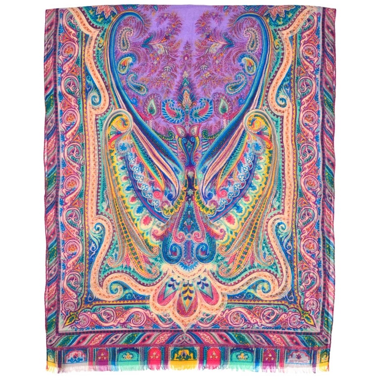 Etro Multi-Color Cashmere Paisley Print Sheer Scarf at 1stDibs