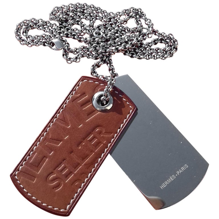 Hermès Sellier Army Military Plate Shaped Necklace Leather Silver Tone ...