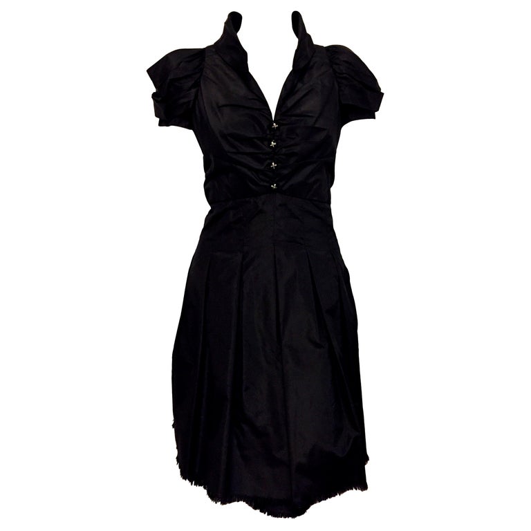 Chanel Black Silk Short Sleeve Dress Ruched Front with Four Chanel ...
