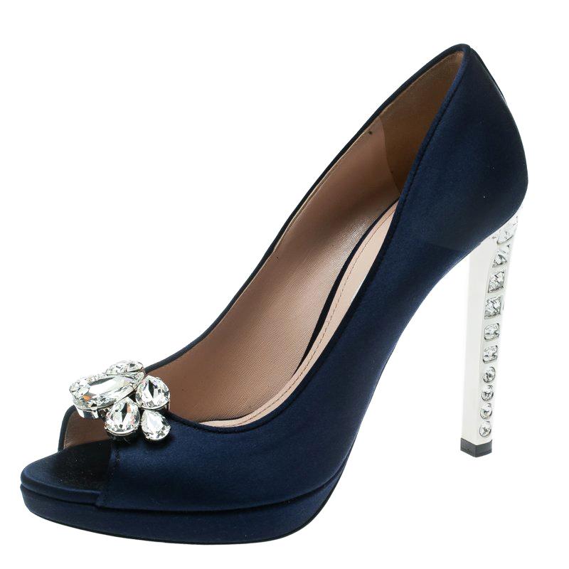 Miu Miu Blue Satin Crystal Embellished Heel Peep Toe Platform Pumps ...